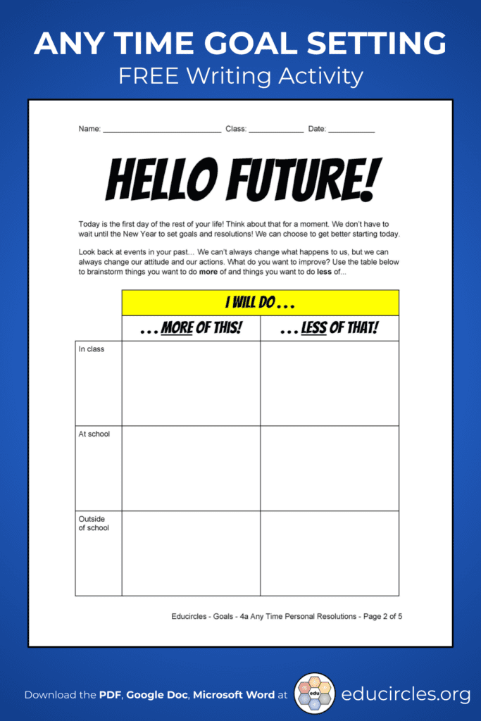 FREE New Year's Resolution 2024 Worksheet for Middle School